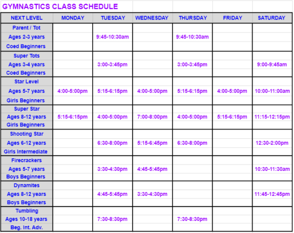 Schedule - Next Level Gymnastics
